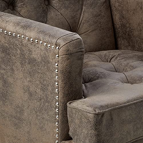 GDFStudio Medford Brown Tufted Club Chair, Fabric Accent Chair with Studded Nailhead Accents