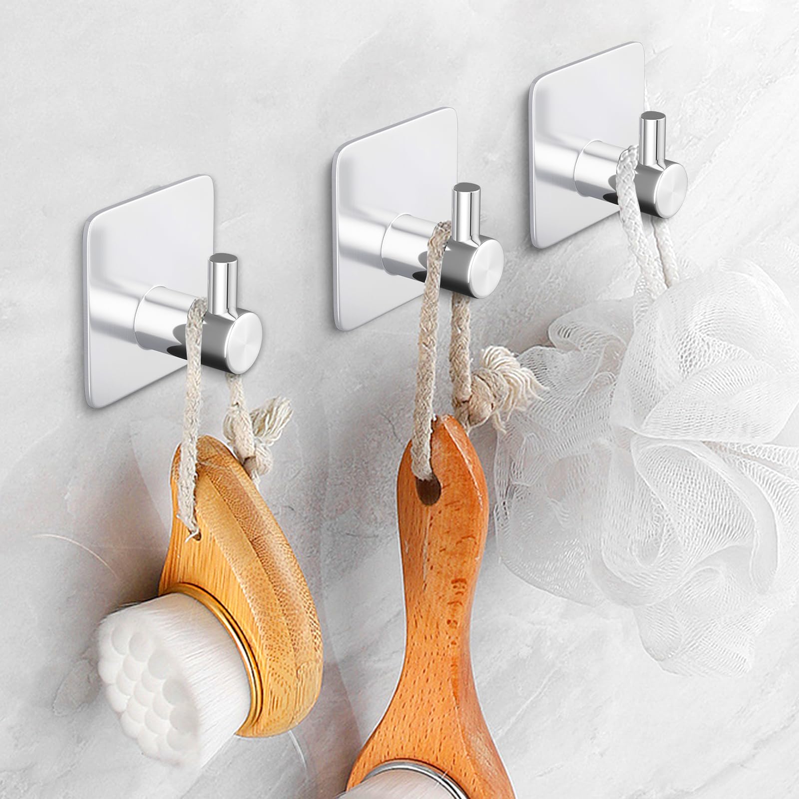 ACNISM 4 PCS Stainless Steel Sticky Hooks Heavy Duty Wall Hooks Towel Hanger Wall Holder Waterproof for Hanging Coat, Hat,Robe Hook(Silver Square Round)