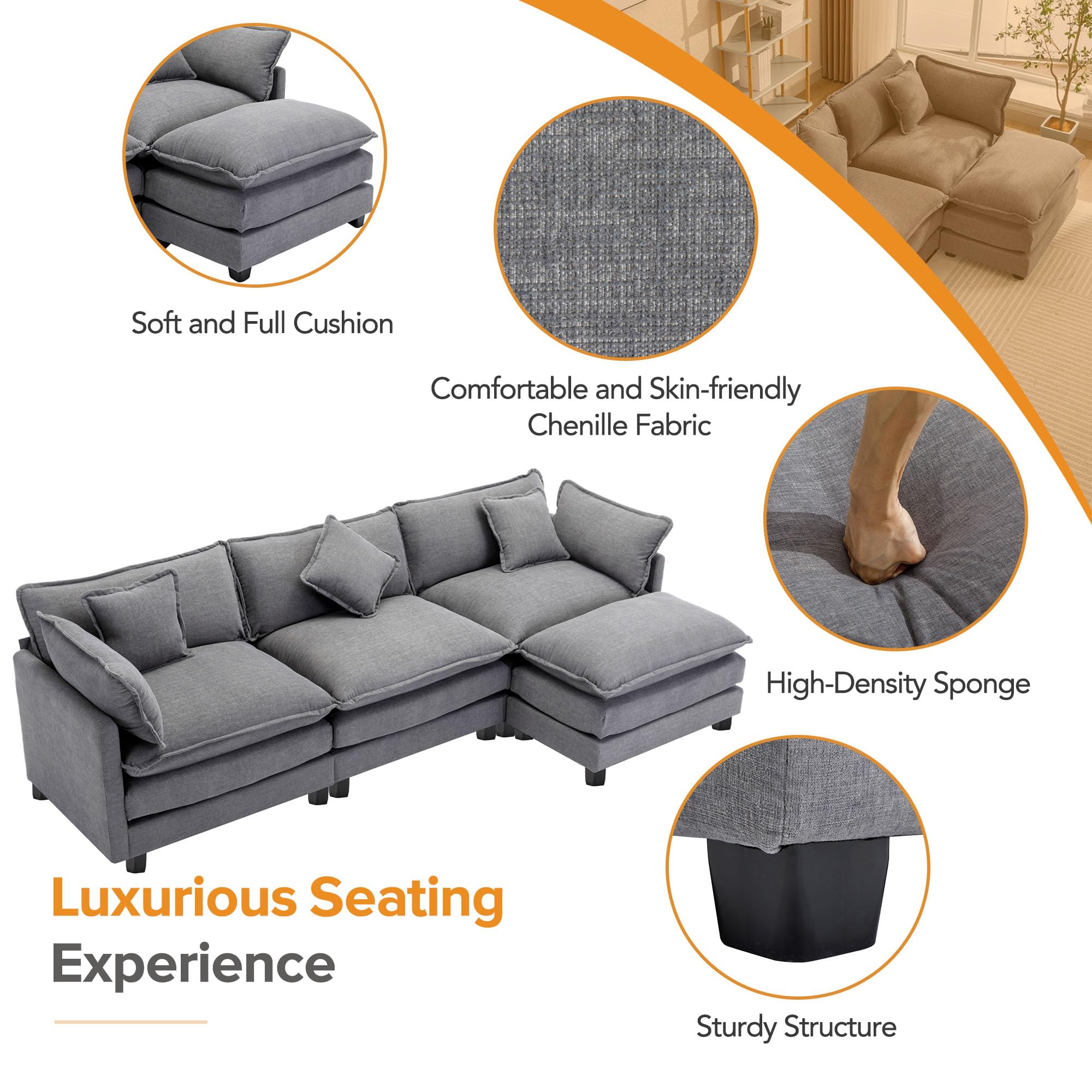 Ball & Cast 100.39" Modular Sectional Sofa with Removable Ottoman, L Shaped 3-Seater Cloud Couch with Pillows for Living Room,Apartment,Office,Grey