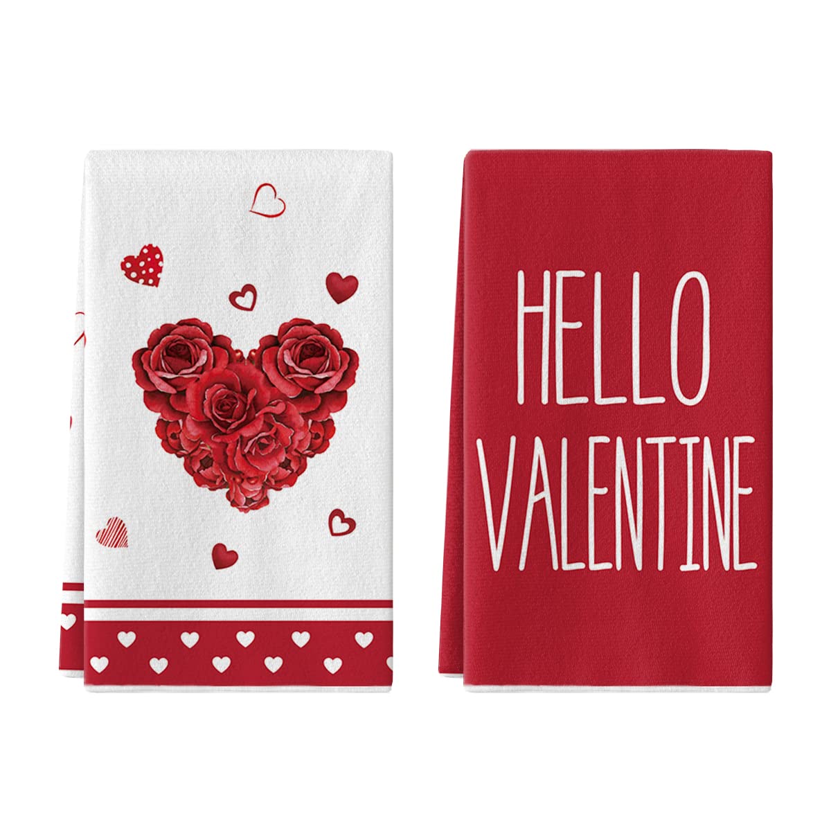 Artoid Mode Roses Hearts Hello Valentine's Day Kitchen Towels Dish Towels, 18x26 Inch Anniversary Decoration Hand Towels Set of 2