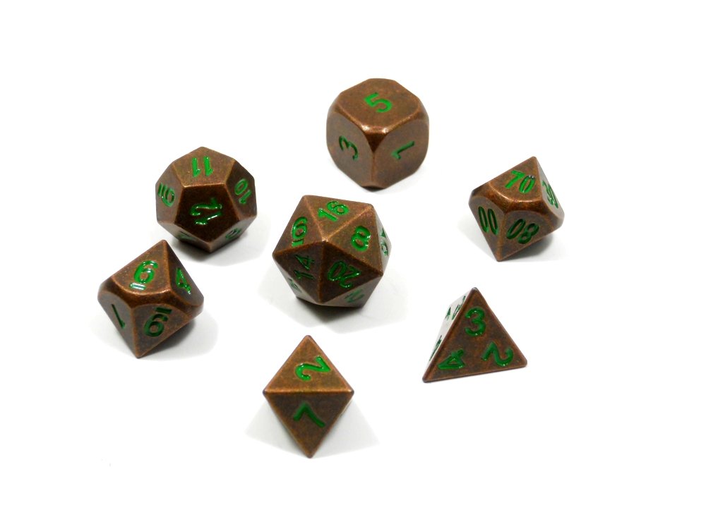 Druid Forge Metal Dice Polyhedral Set of 7 Chaotic Copper D&D RPG Ancient Copper with Green Numbers