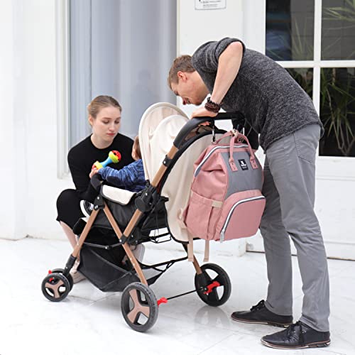 Hafmall Diaper Bag Backpack, Large Baby Diaper Bag with Stroller Hooks, Multifunctional Travel Nappy Bag, Stylish & Waterproof, Pink Gray