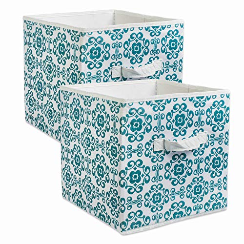 Contemporary Home Living Set of 2 Teal Blue Nonwoven Polyester Cube Storage Bin with Scroll Design 13"