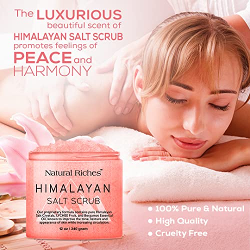 Natural Riches Himalayan Salt Exfoliating Body Scrub Lychee Bergamot Essential oil with Vitamin C - (12 Oz / 340 gm) Moisturize Deep Cleansing foot scrub body skin exfoliator