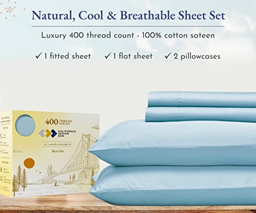 California Design Den 100% Cotton Sheets - Softest 4-Pc Queen Sheet Set, Cooling Sheets for Queen Size Bed, Deep Pockets, 400 Thread Count Sateen, Bedding Sheets & Pillowcases, Queen Sheets (Sky Blue)