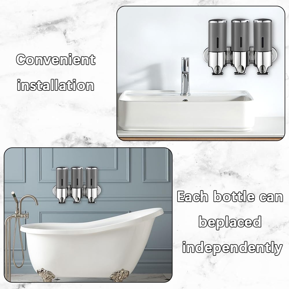 No-Drill 3 Pack 500ml Wall Mounted Soap Dispenser for Bathroom and Kitchen, Shampoo and Conditioner Dispenser Drill Free with Adhesive(Round-Grey)