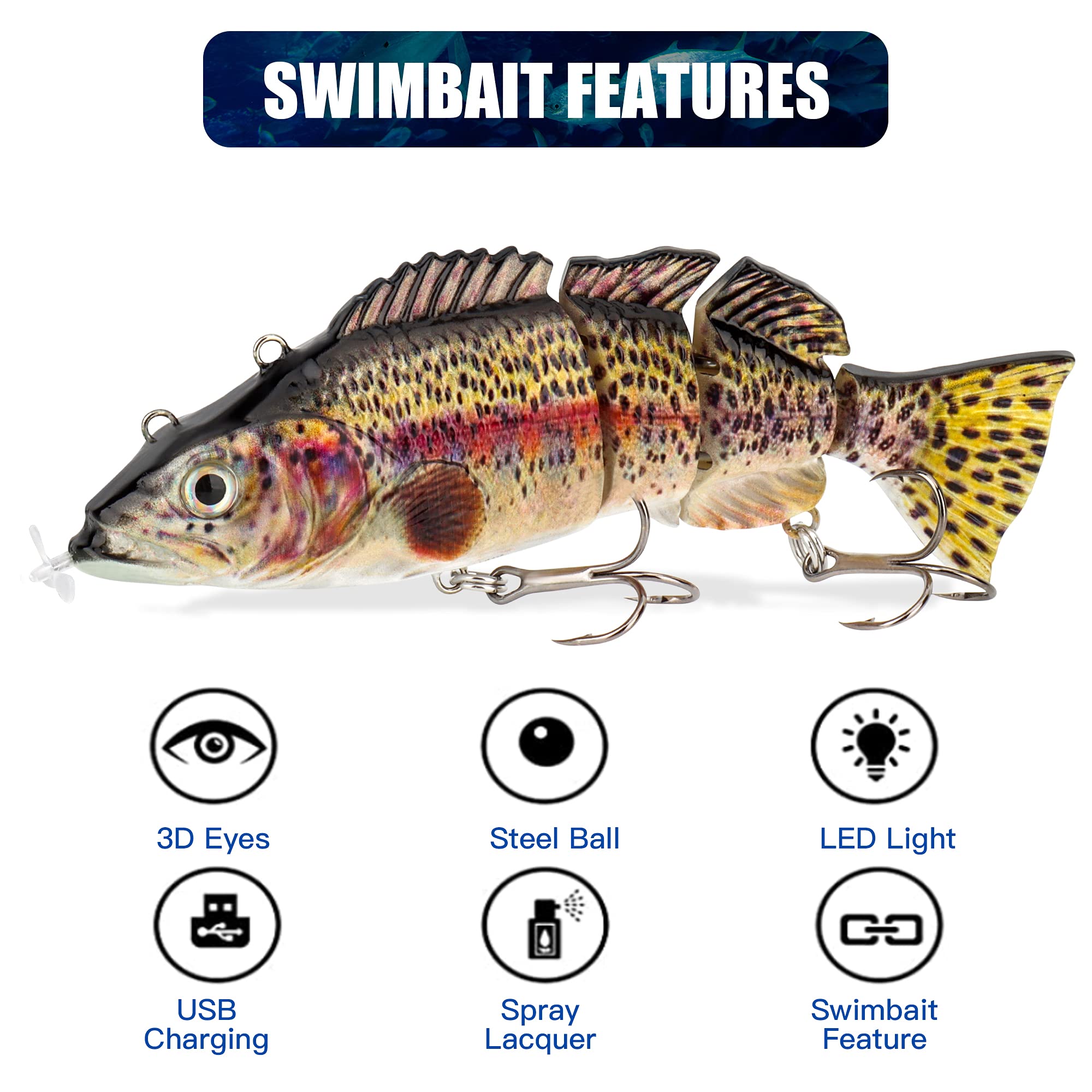 Actume Electric Fishing Lure 5.5'' Robotic Wobblers Bait Auto-Swimming 4 Segment Swimbaits USB Rechargeable LED Light Self-propelling Lure Tackle (Set G)