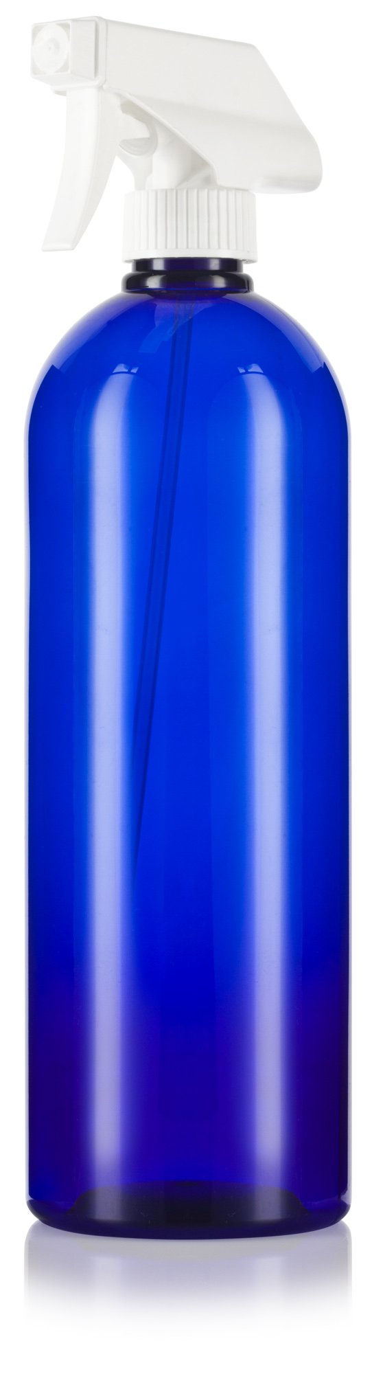 JUVITUS 32 oz Cobalt Blue Boston Round Plastic Bottles with White Heavy Duty Industrial Trigger Sprayer (4 Pack)