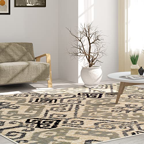 Superior 8mm Pile Height with Jute Backing, Gorgeous Ikat Damask Pattern, Fashionable and Affordable Woven Rugs, 8' x 10' Rug, Beige