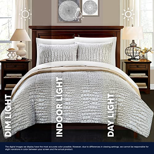 Chic Home 3 Piece New Faux Fur Collection with Mink Like Backing in Alligator Animal Skin Design Comforter Set, Queen, Grey