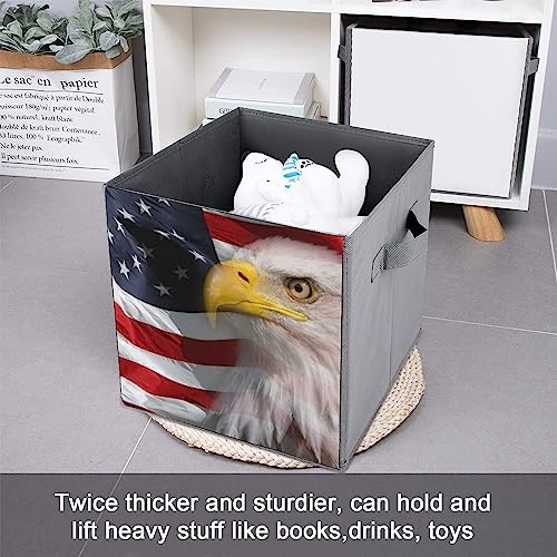 American Bald Eagle USA Flag Storage Cubes with Handles Foldable Fabric Bins Organizing Baskets for Shelves Closet