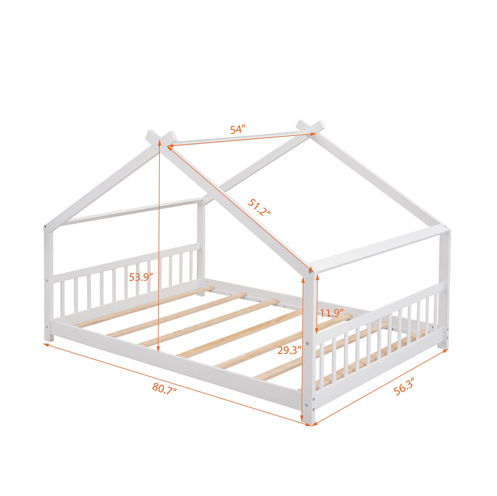 Full House Beds White Montessori Bed Wood Frame Kids Platform Bed with Headboard & Footboard for Children Boys Girls Teens