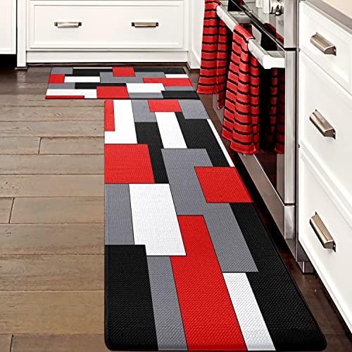 FNLNDO Red Black Grey White Kitchen Rugs and Mats Set of 2 Cushioned Anti Fatigue Kitchen Rugs Set Geometric Non-Skid Washable Kitchen Mats for Kitchen Sink Laundry