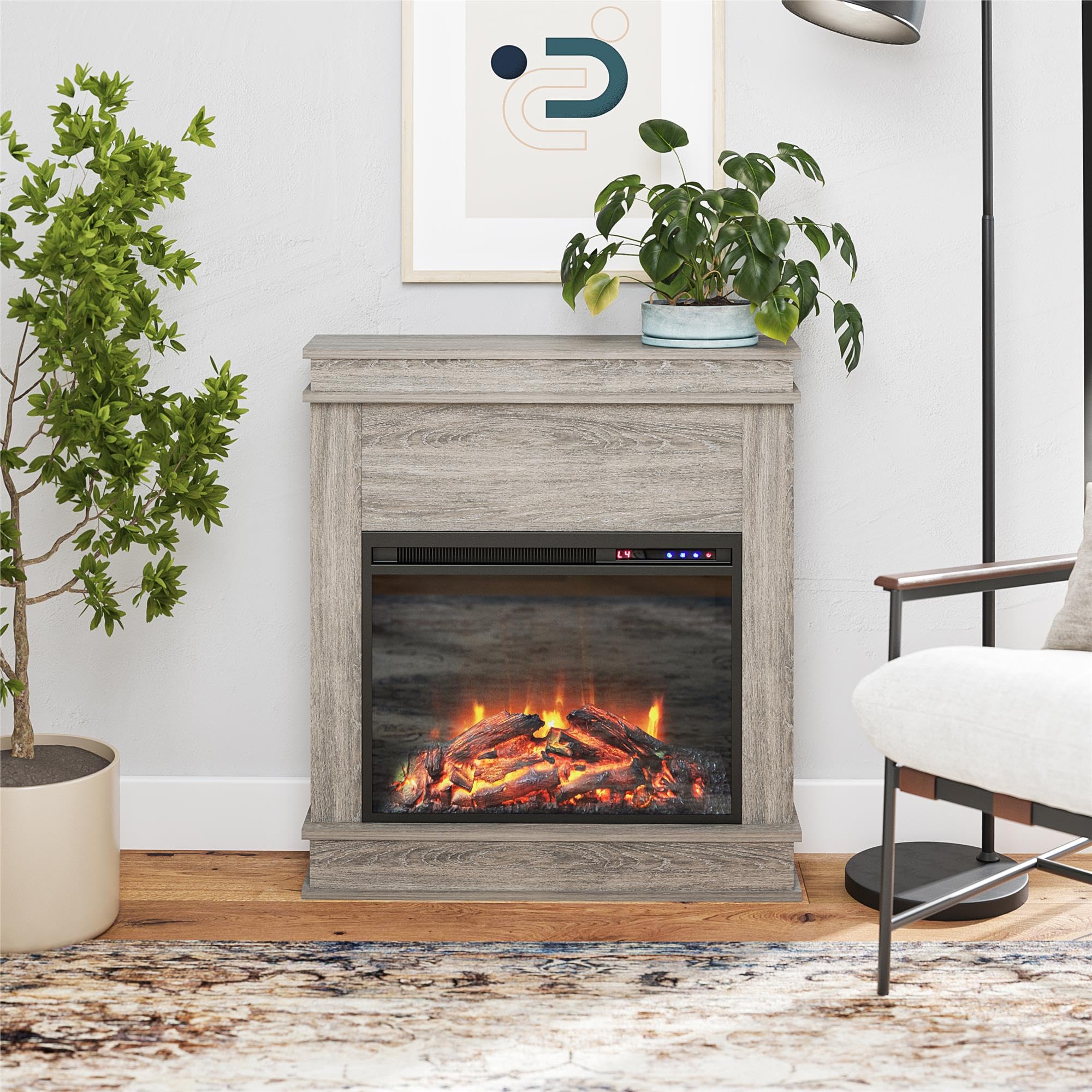 Ameriwood Home Mateo Electric Fireplace with Mantel and Touchscreen Display, Gray Oak