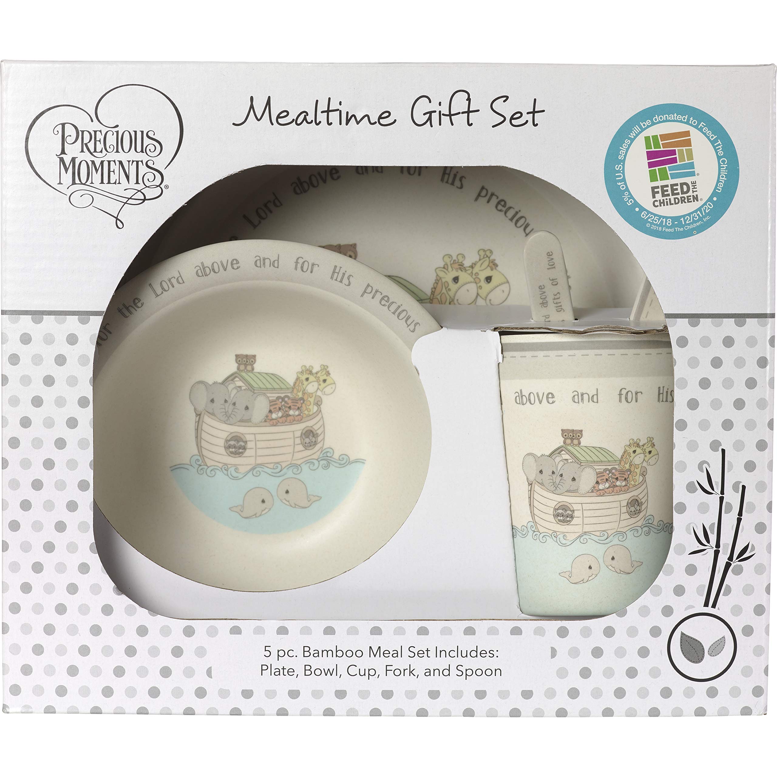 Precious Moments Noah's Ark Bamboo Toddler Mealtime Feeding and Dinnerware Set of 5, 182433
