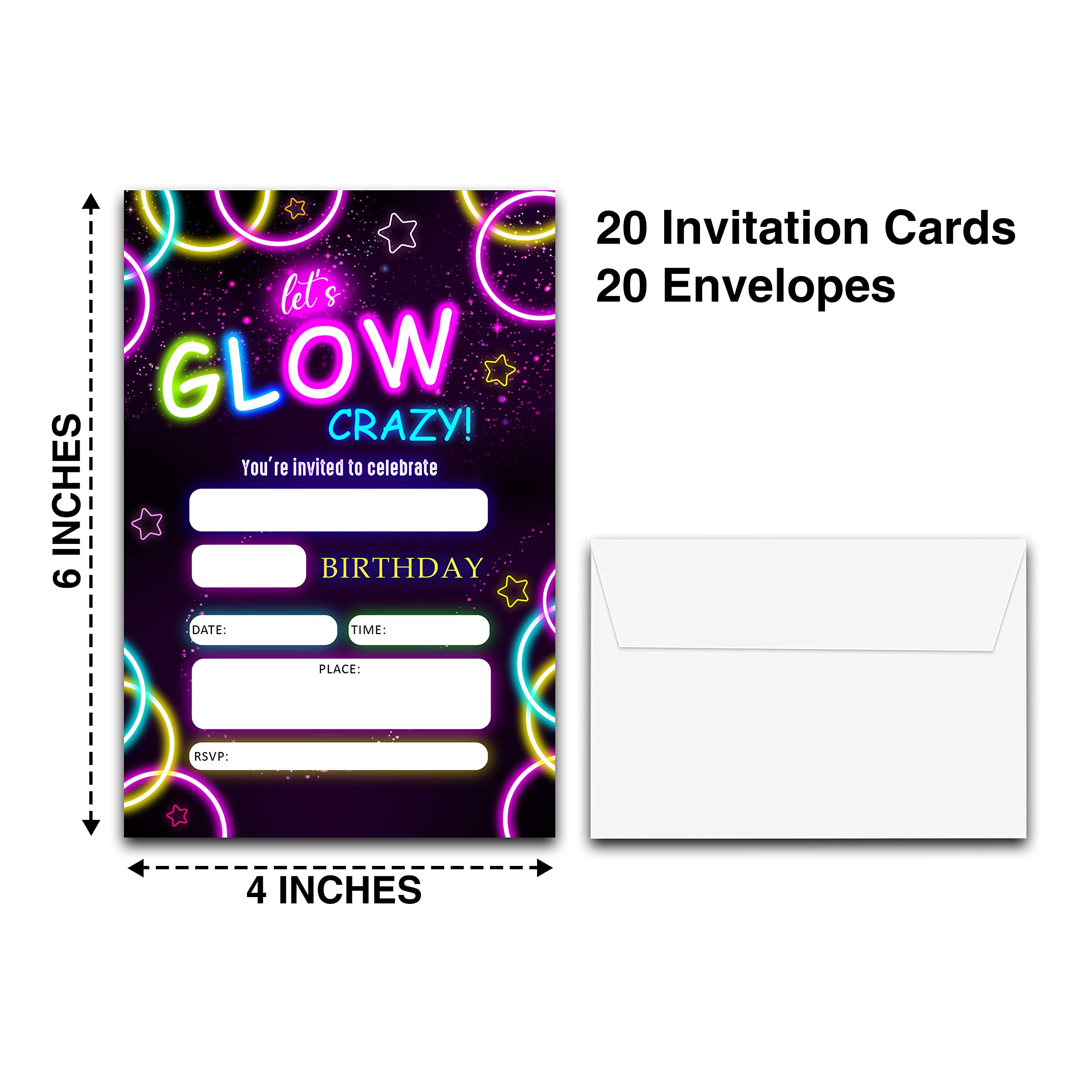 DETIHO 4" x 6" Glow Theme Birthday Party Invitation Cards With Envelopes - Let's Glow Crazy - Neon Party Invitation - 20 Sets - E22