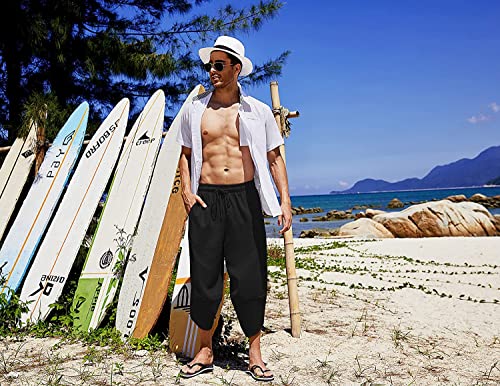 COOFANDY Men's Beach Pants Loose Casual Lightweight Elastic Waist Summer Linen Pants Black