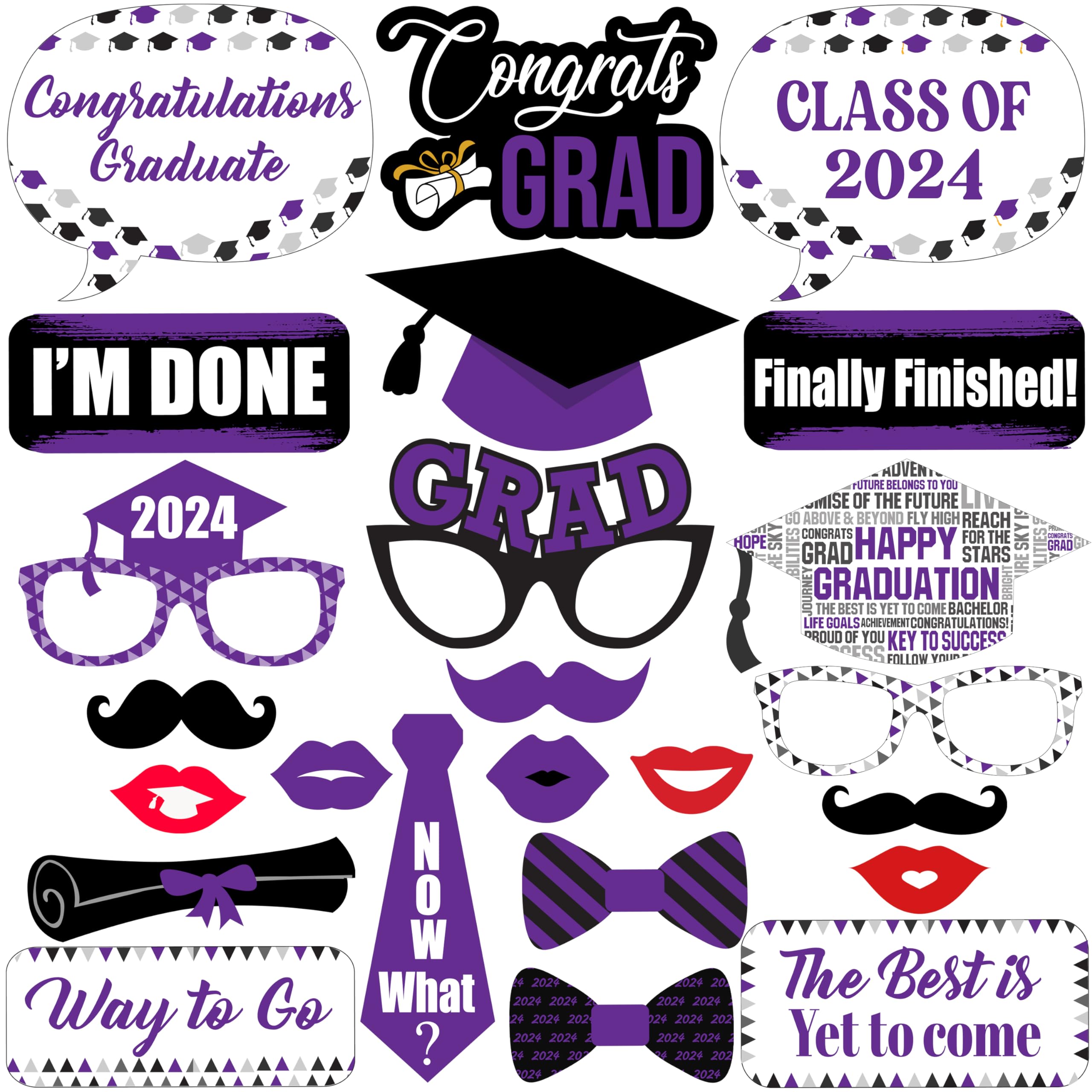 KatchOn, Purple Graduation Photo Booth Props 2024 - Pack of 24 | Purple Graduation Photo Props, Purple Graduation Decorations Class of 2024 | Graduation Picture Props, Graduation Party Decorations