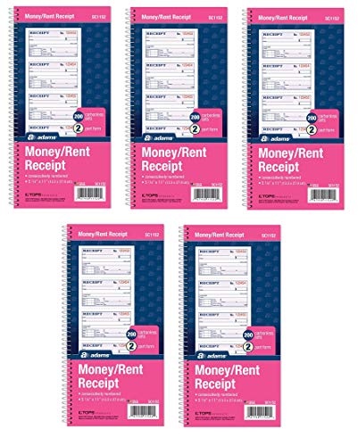 Adams Money and Rent Receipt Book, 2-Part Carbonless, 5-1/4" x 11", Spiral Bound, 200 Sets per Book, 4 Receipts per Page, Sold as 5 Pack, 1000 Sets Total (SC1152)