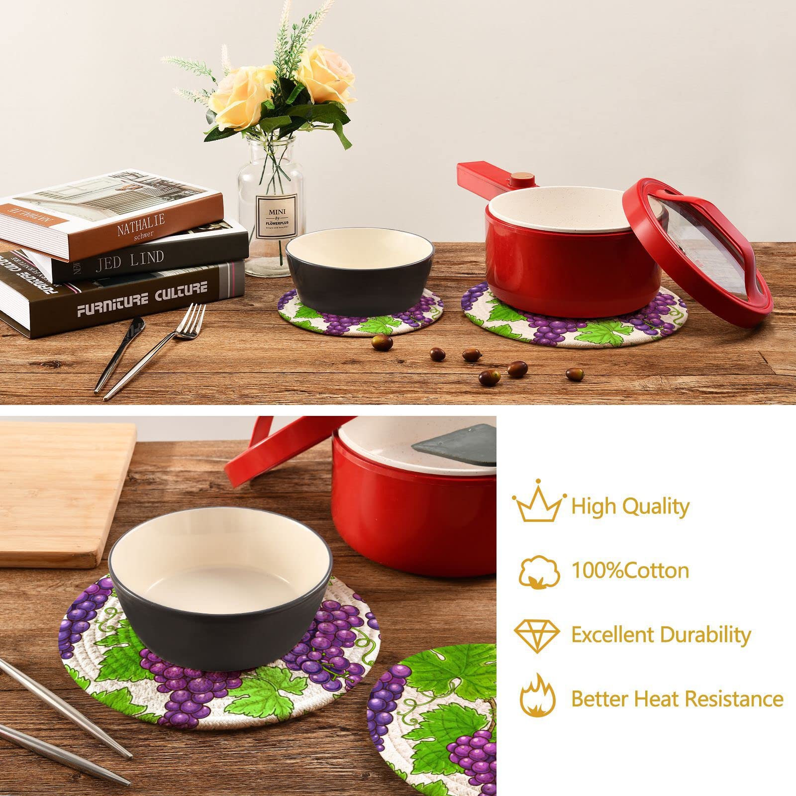 Beautiful Grapes Pot Holders Set Trivet Grape Leaf Purple Hot Pads Potholder Cotton for Kitchen Weave Pot Mat Cooking Baking Decor Home