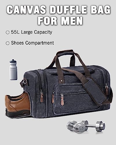 Canvas Duffle Bag Mens with Shoes Compartment,(50L/55L)Travel Bag for Men Adjustable Capacity Weekend Overnight Bag Carry on Bag Hospital Holdalls (Black)