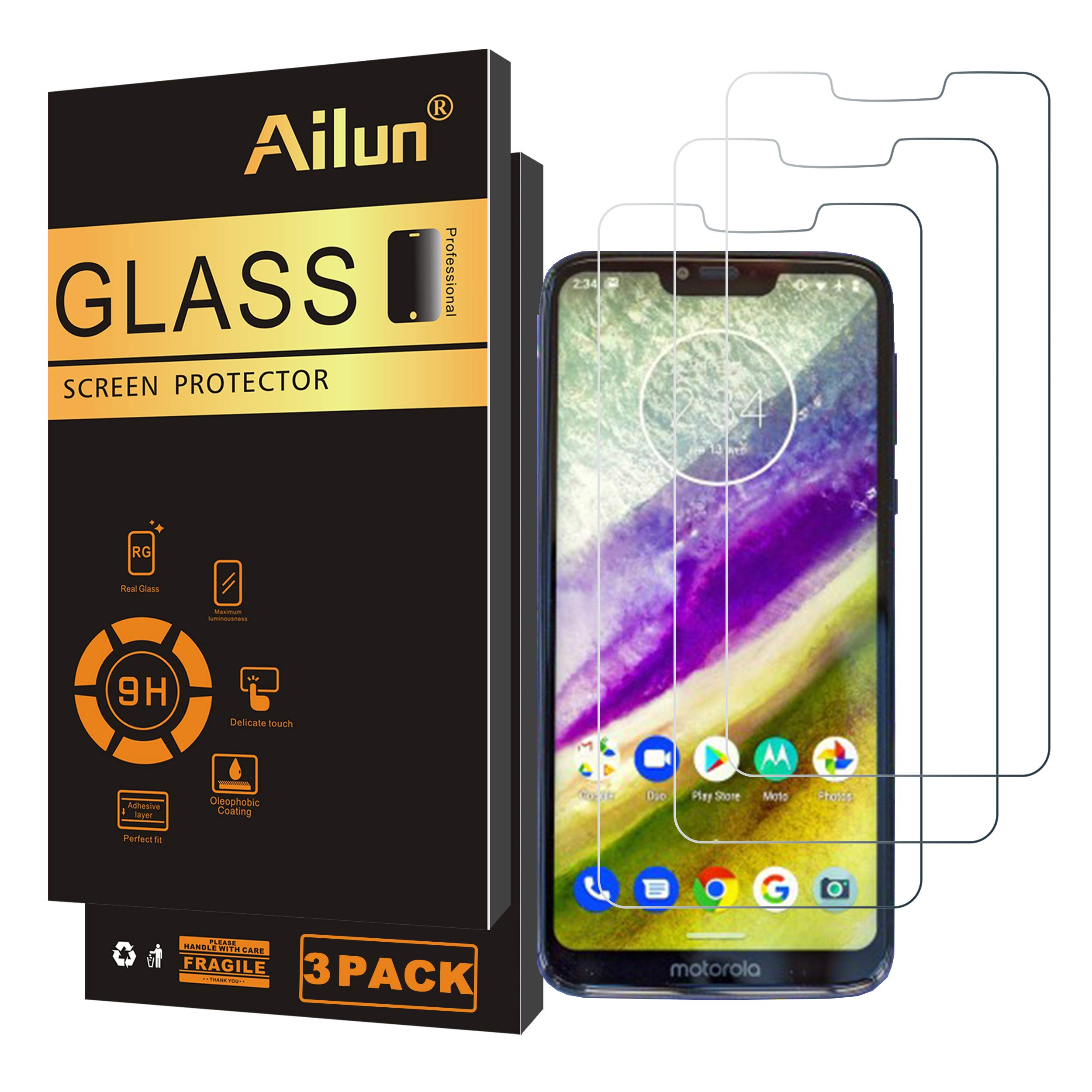Ailun Screen Protector for Moto G7 Power 3 Pack 9H Hardness Tempered Glass Screen Protector for Motorola Moto G7 Power Bubble Free Anti Scratch Oil Stain Coating Case Friendly