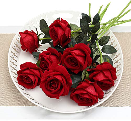 Bringsine Artificial Velvet Flowers Realistic Roses Bouquet with Long Stem for Home Wedding Decoration Party-Red