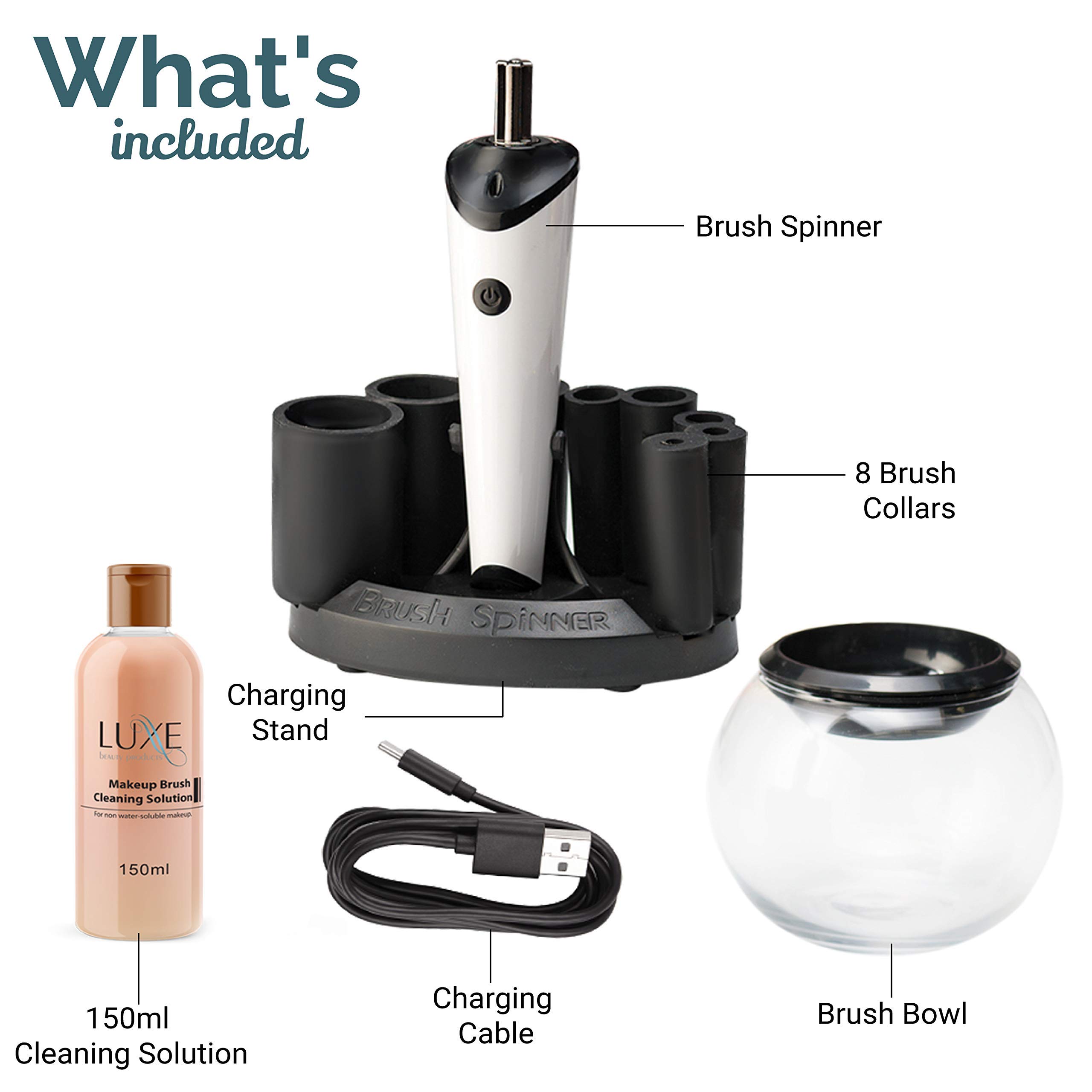 Luxe Electric Makeup Brush Cleaner Machine with Cleaning Solution - USB Charging Station, Automatic Brush Washer and Dryer - 3 Adjustable Speeds for Easy Cleaning - Complete Set for Hygienic Brushes
