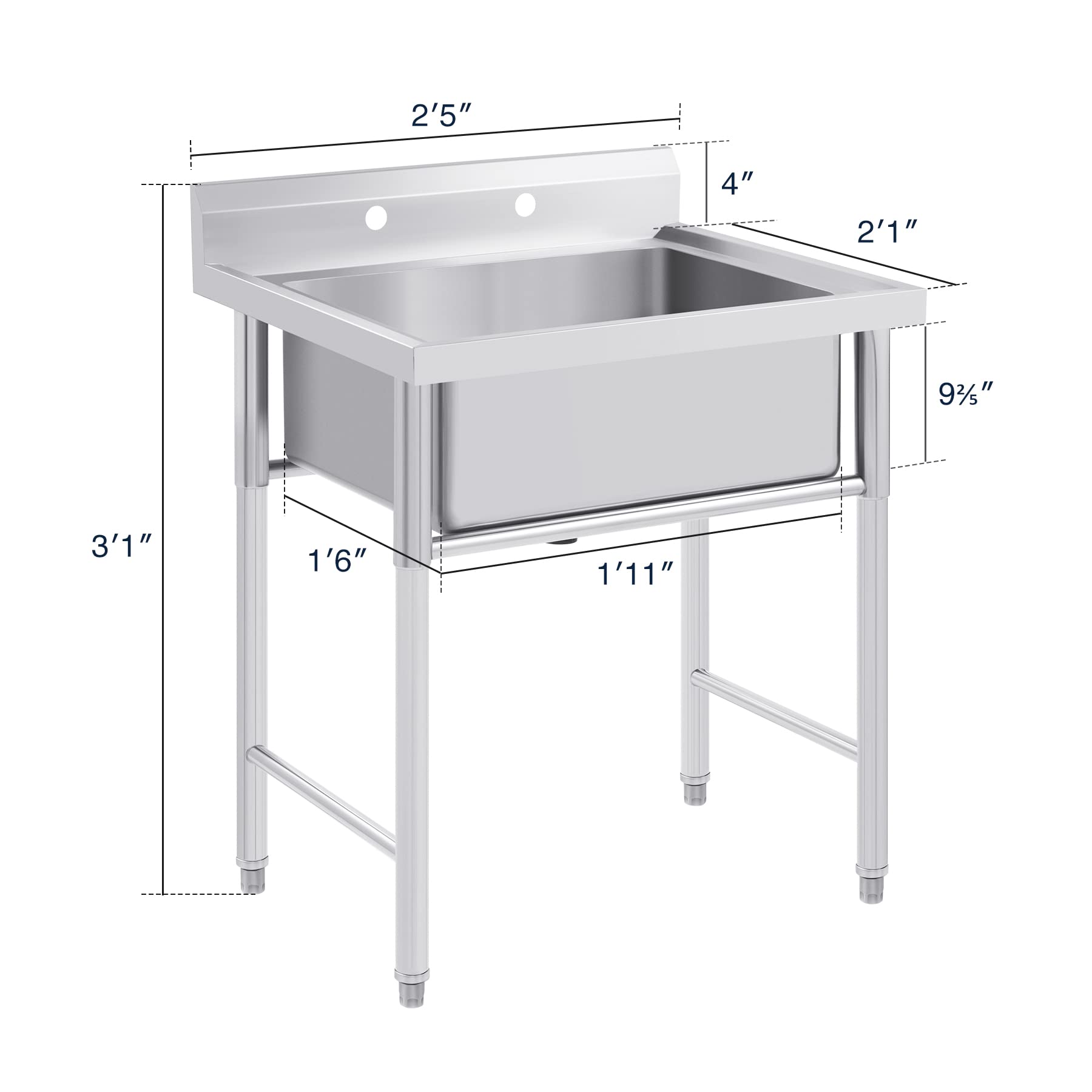 WILPREP Commercial Stainless Steel Sink, Free Standing Utility Single Bowl Restaurant Sink, Kitchen Prep & Utility Sink for Home, Garage, Bar, Laundry Room (1 Compartment,29" W x 25.2" D x 37.4" H)