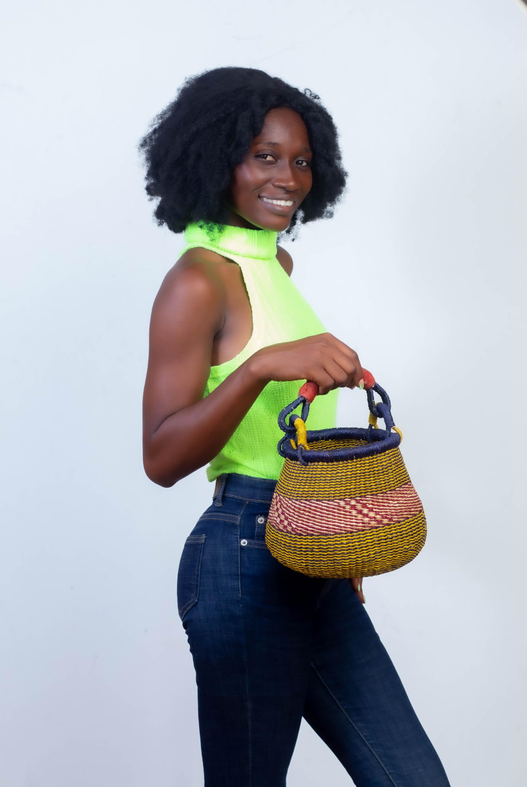 Market Basket Handwoven in Ghana Pot Shopping Bolga Leather Handle Storage African Basket (Large)