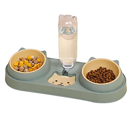 Foviza Double Dog Cat Bowls with Water Dispenser Pets Water and Food Bowl Set Tilted Cat Food Dishes with Automatic Waterer Bottle for Small or Medium Size Dogs Cats