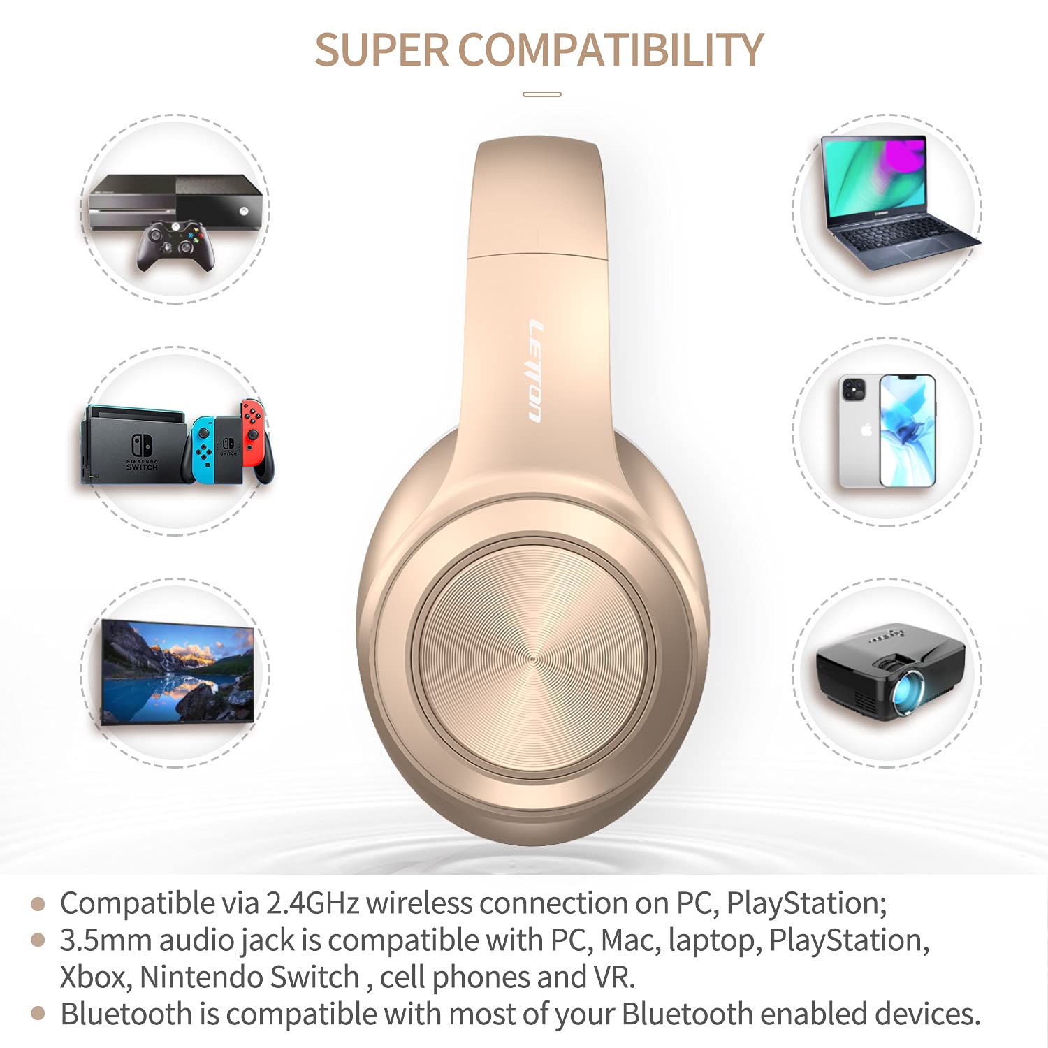 LETTON L13 Wireless Gaming Headset for PC, PS4, Nintendo Switch, Long Lasting Battery Up to 40 Hours, 7.1 Surround Sound, Memory Foam, Detachable Noise Cancelling Microphone with(White Gold)