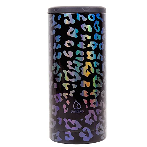 Swig Sip Skinny Can Cooler - Double Wall Stainless Steel Vacuum Insulated Can Holder for 12oz Slim Tall Beverage Bridesmaid Gift (Laser Black Leopard)