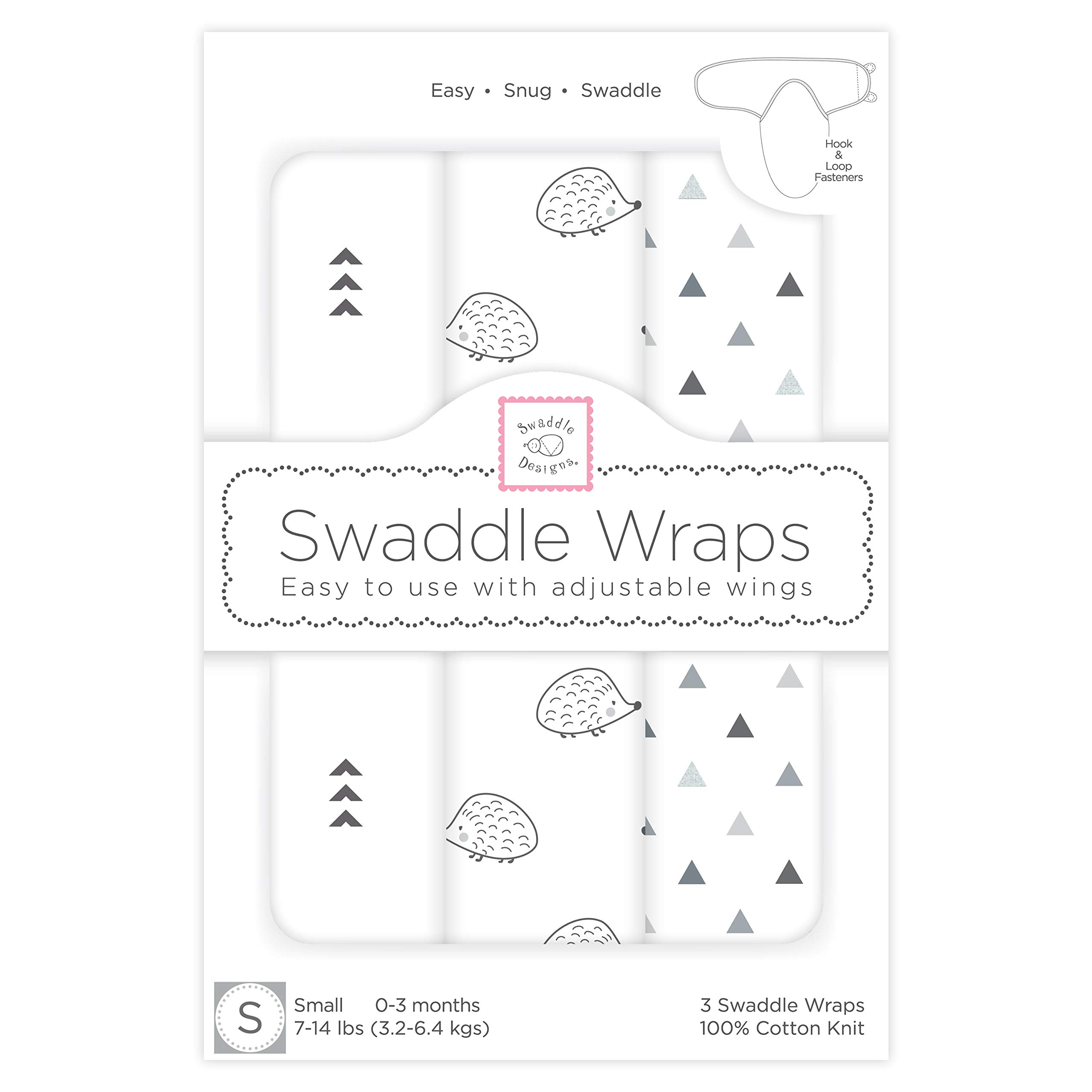 SwaddleDesigns Swaddle Blanket with Adjustable Wrap, Set of 3, Tiny Hedgehog, Black