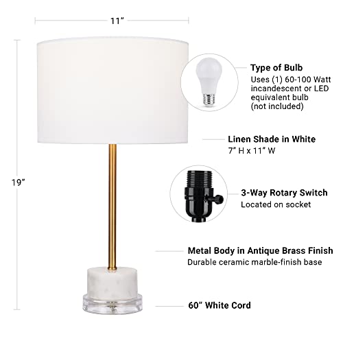 Catalina 23106-001 Modern Marble-Finish Ceramic Table Lamp with White Linen Shade, 19", Antique Brass