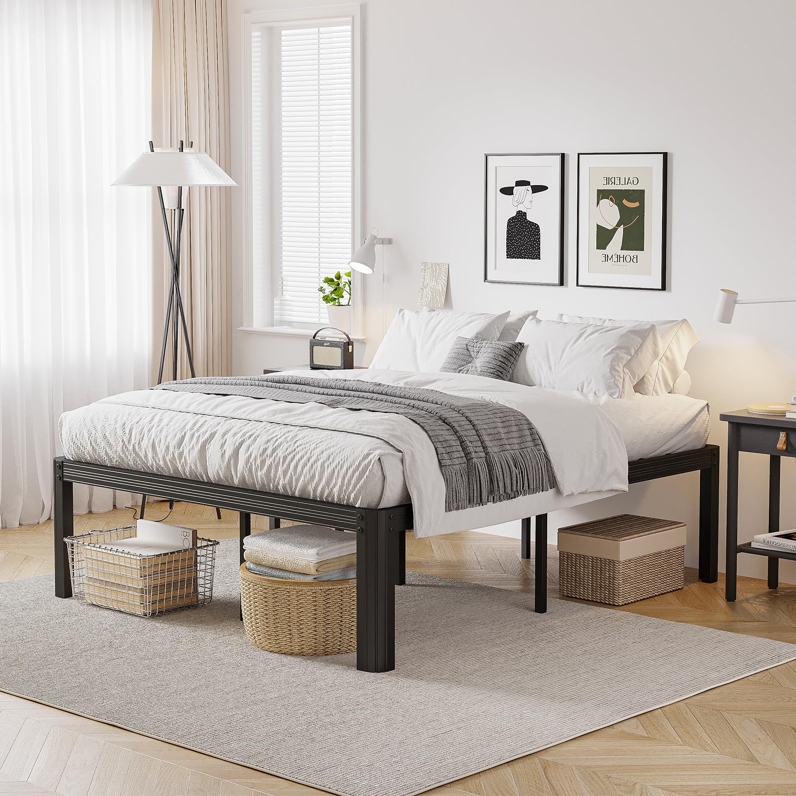 Askeld Queen Bed Frames, 18 Inch High Bedframe No Box Spring Needed, Heavy Duty Steel Slats Platform Mattress Base, 4500lbs Weight Capacity Reinforced Metal Frame, Noise-Free, Easy Assembly, Black