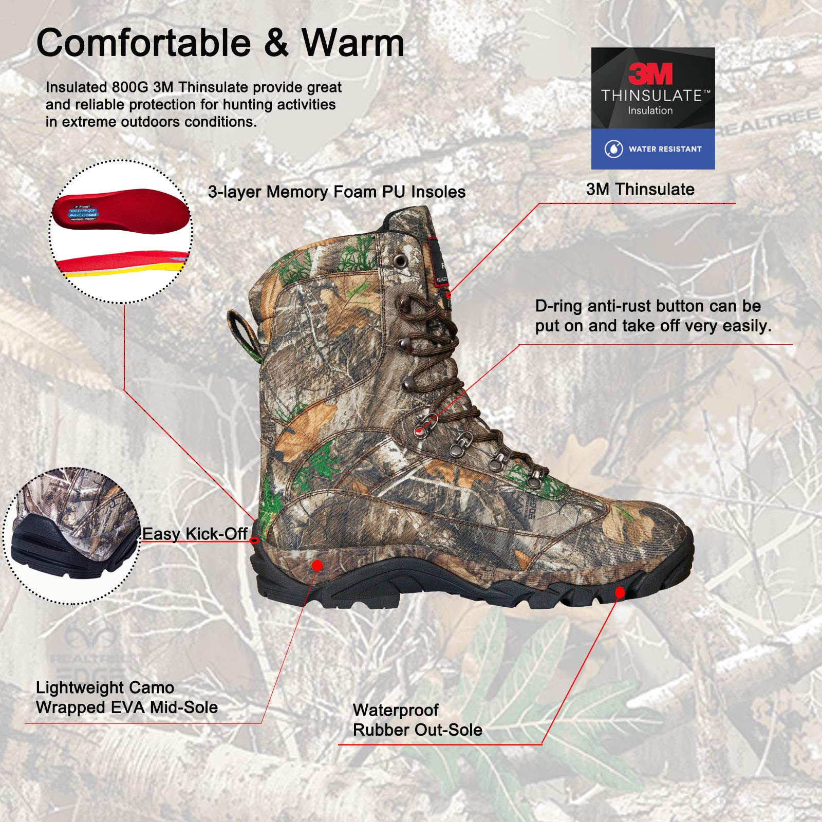 8 Fans Hunting Boots 9 Inch Lightweight Hiking Boots with 800G Thinsulate Insulation with Memory Foam Insole Camo Boots for Men Size 10