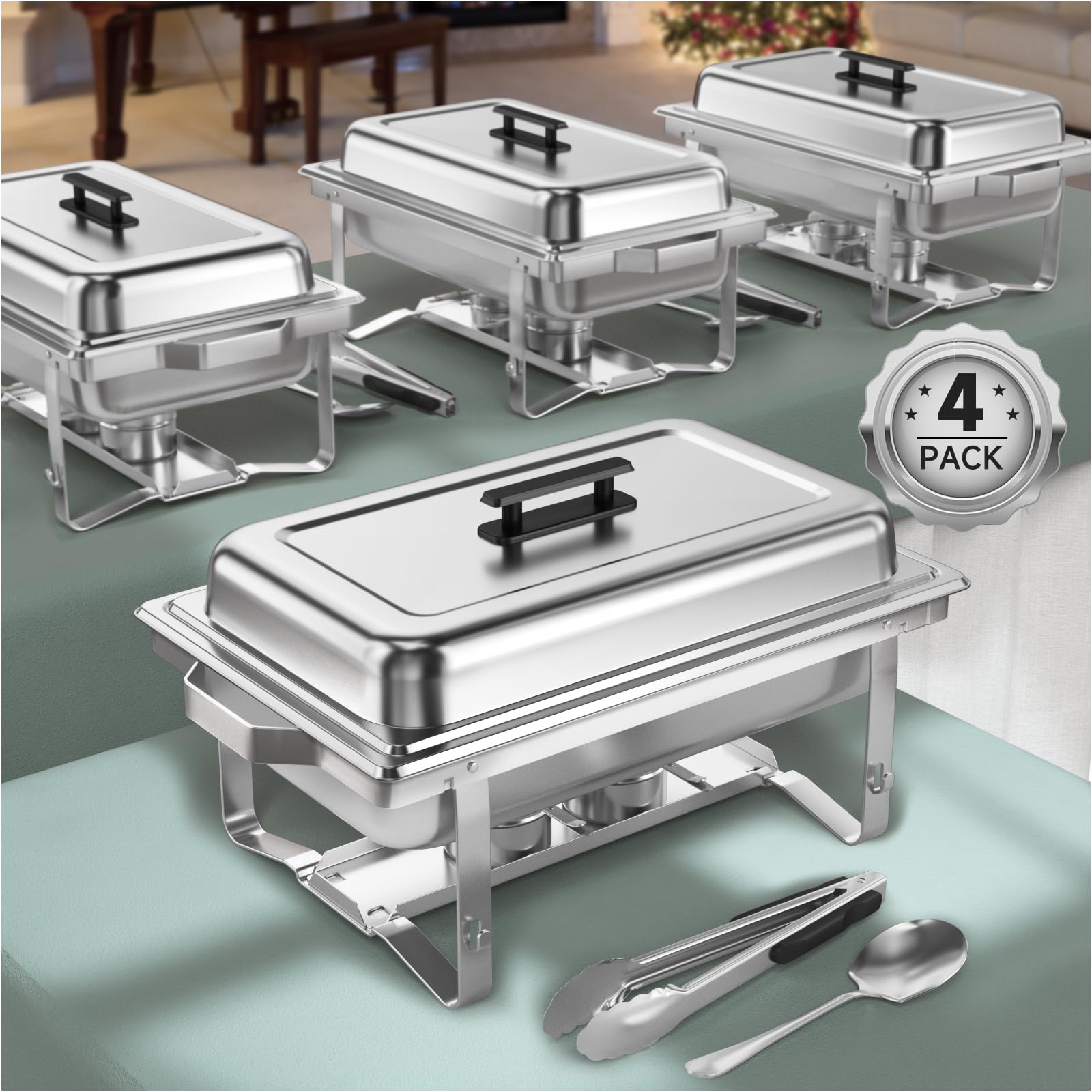 KScocina Chafing Dish Buffet Set, 4 Pack 9.5QT Chafing Dish High Grade Stainless Steel Chafer Complete Set, Gray Handle, Kitchen and Dining Utensils (Silver, 4)