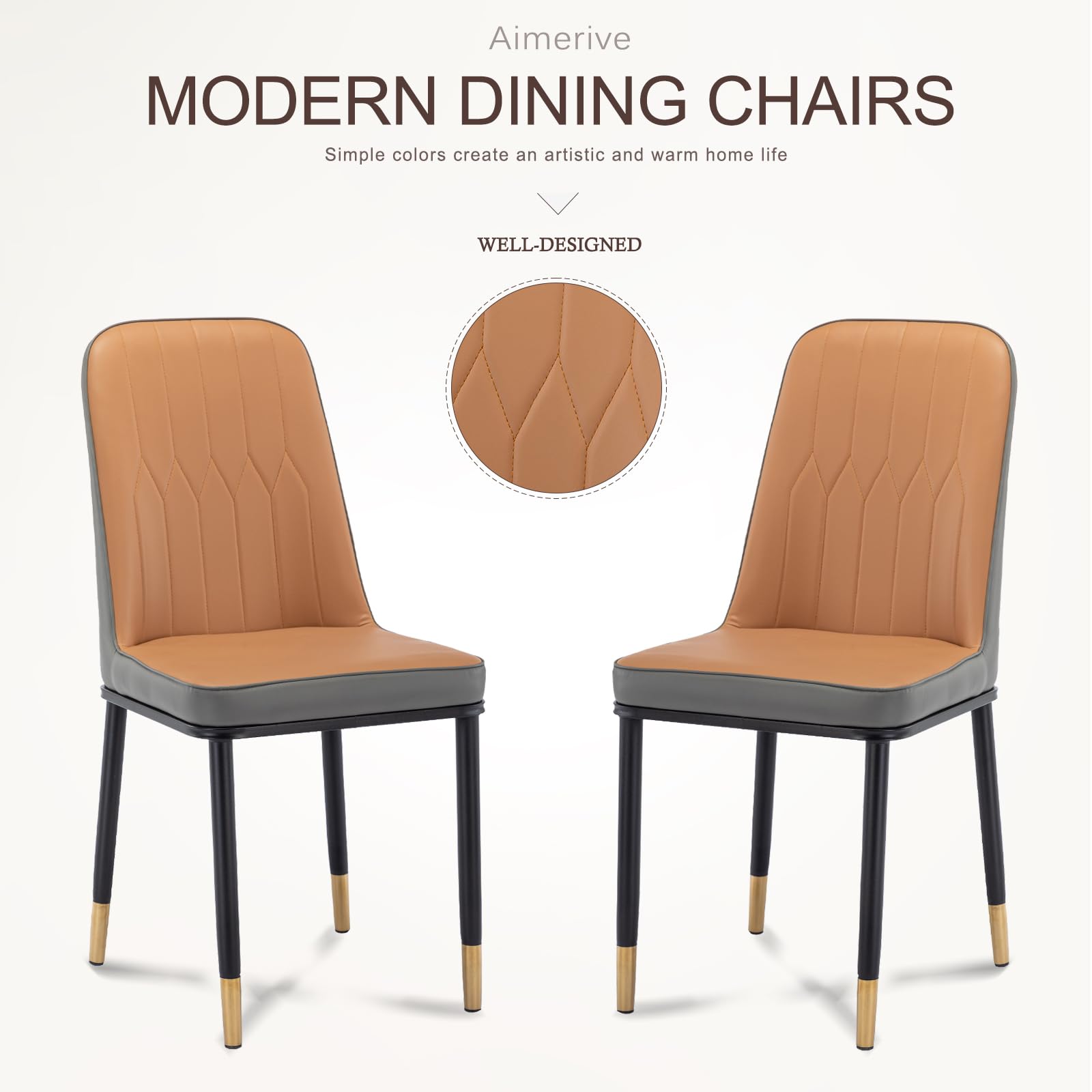 Aimerive Dining Chairs Set of 4, Upholstered Dining Room Chairs with Iron Gold Legs, Modern Armless Kitchen Chair Waterproof PU, Side Chairs with Soft Cushion for Living Room, Restaurant, Brown Grey