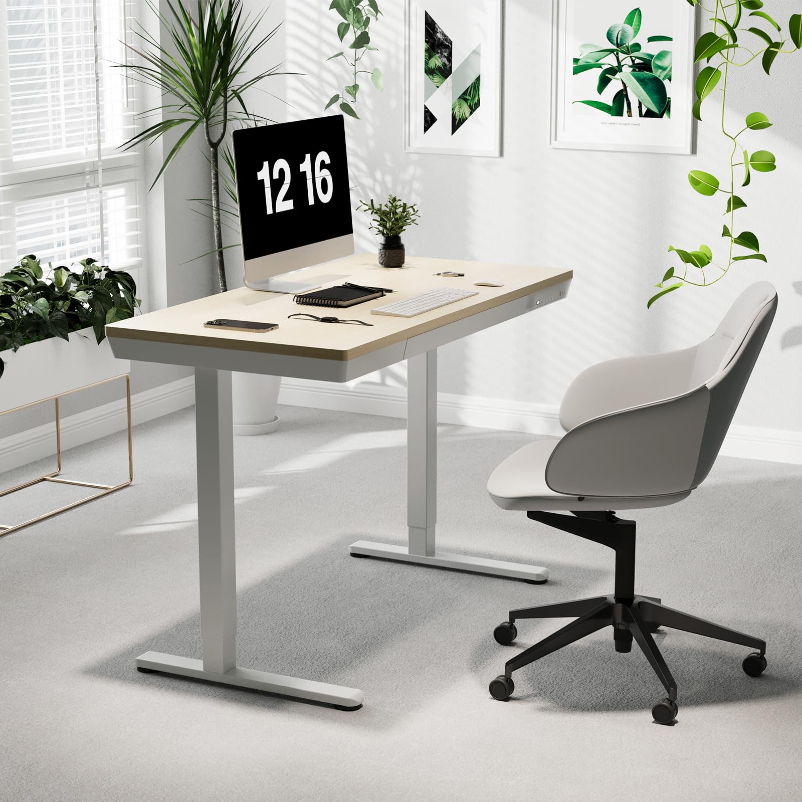 JYLH JOYSEEKER Electric Standing Desk with Drawers, Whole Piece 48 Inches Adjustable Height Desk, Modern Sit Stand Up Desk,Ergonomic Rising Desk for Home Office Workstation, Light Wood