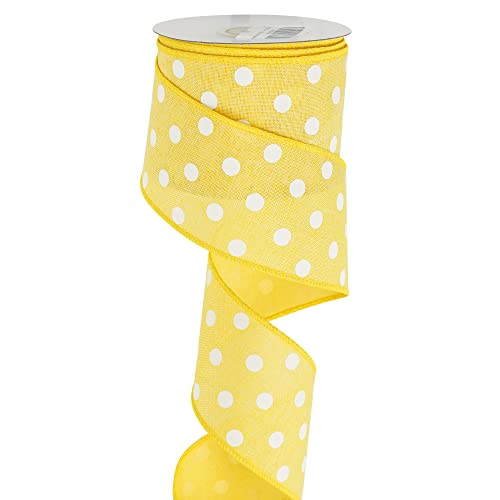 HUIHUANG Yellow Polka Dot Burlap Ribbon Wired Edge Ribbon 2.5 Inch X 10 Yards Summer Lemon Sumflower Wreath Ribbon with Wire for DIY Crafts Party Gift Wrapping Decoration Wreath Bow Home Decoration