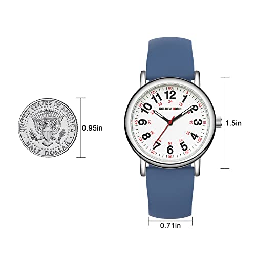 GOLDEN HOUR Waterproof Nurse Watch for Medical Professionals, Students Women Men - Military Time Luminouse Easy Read Dial, 24 Hour with Second Hand, Colorful Silicone Band Navy Blue