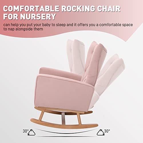 Rophefx Velvet Nursery Rocking Chairs, Glider Rocker for Baby Nursery with Solid Wood Base, Modern Accent Armchair with High Backrest, Pink