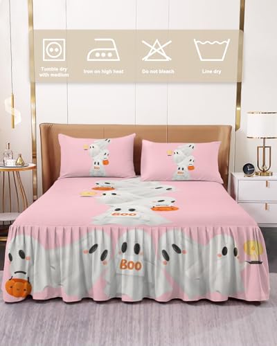 AMZRicher Halloween Wrap Around Pleated Bed Skirts for Queen Bed 60x80, Decorative Dust Ruffle Bed Sheet & Bedskirt 18'' Drop Bedspread with Pillow Case 20x30 White Ghost Pumpkin Blush Pink