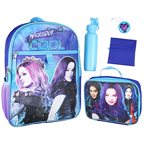 Disney Descendants Wickedly Cool 16" Backpack Lunch Tote Water Bottle Squishy Snack Tote 5 Pc Set