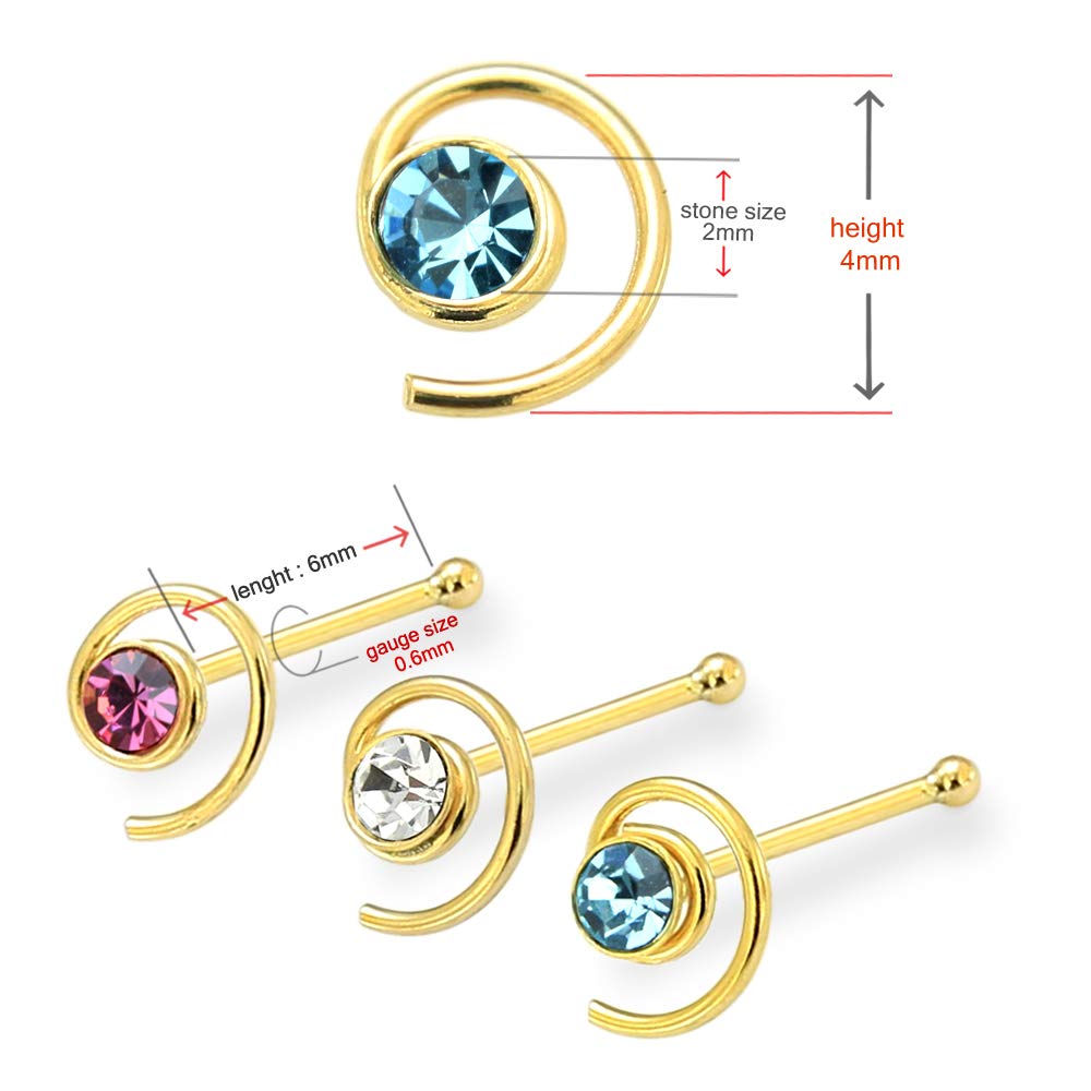 9 Karat Solid Yellow Gold Pink Crystal Stone Coil Flower 22 Gauge Ball End Nose Stud Piercing Jewelry