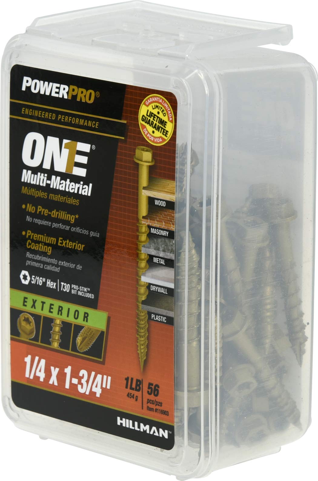 Power Pro Premium One Multi-Material Hex Washer Head Screws, Epoxy Coated Steel, Fasten in Wood, Metal, Concrete, Drywall and Plastic, Bronze, ¼ x 1-¾ inches, Box of 56 Screws