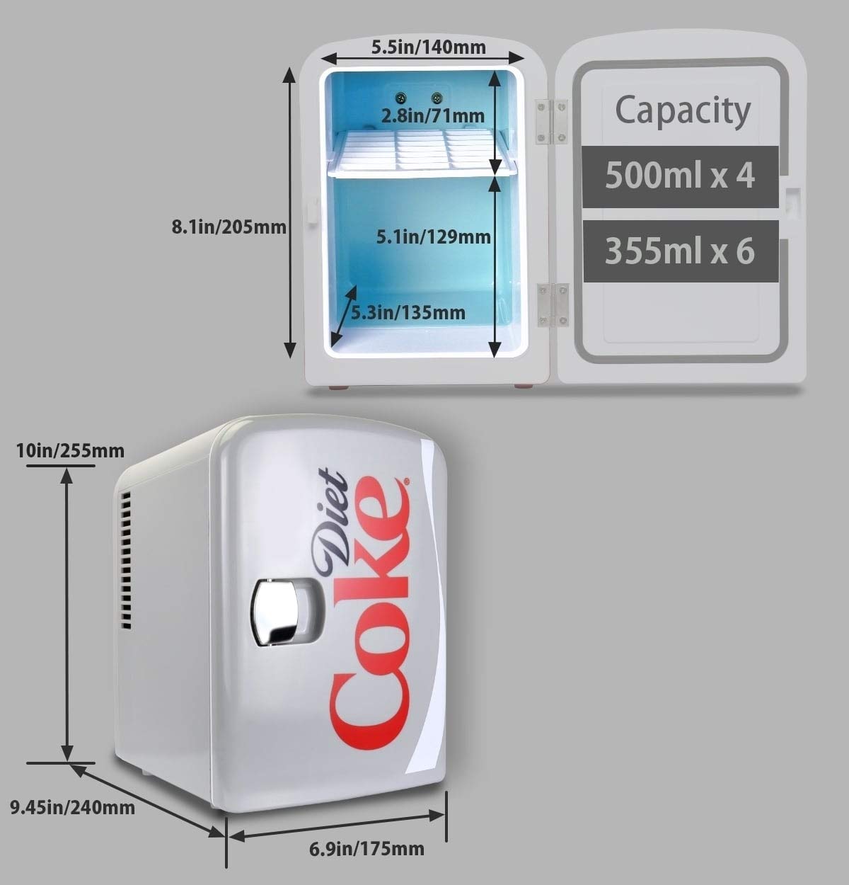 Coca-Cola Diet Coke 4L Mini Fridge Cooler/Warmer 12V DC 110V AC 6 Can Portable Personal Travel Refrigerator for Snacks Drinks Cosmetics Desk Home Office Dorm Gray with Iconic Design & Chrome Accents