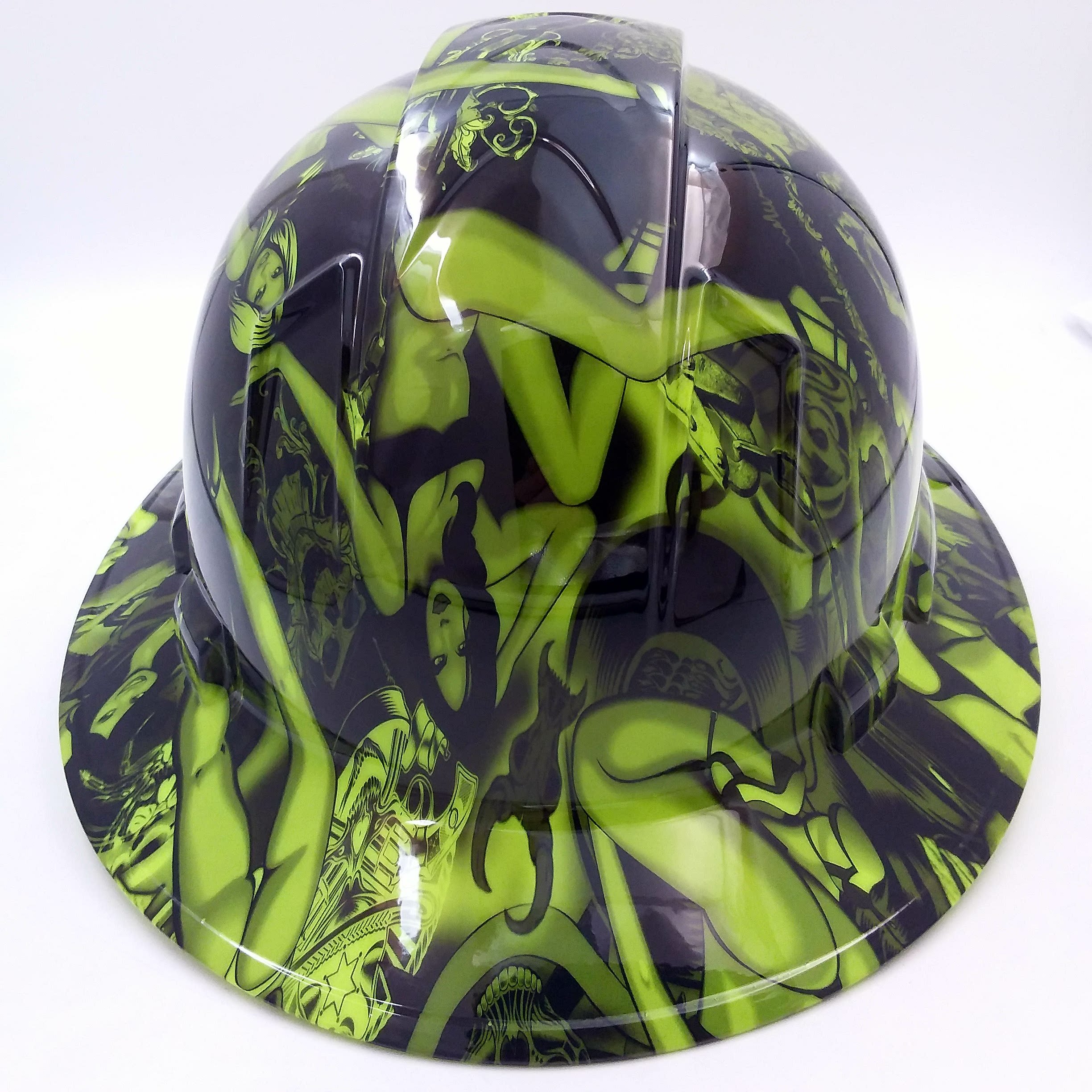 Wet Works Imaging Customized Pyramex Full Brim Green Biker Babes Hard Hat with Ratcheting Suspension