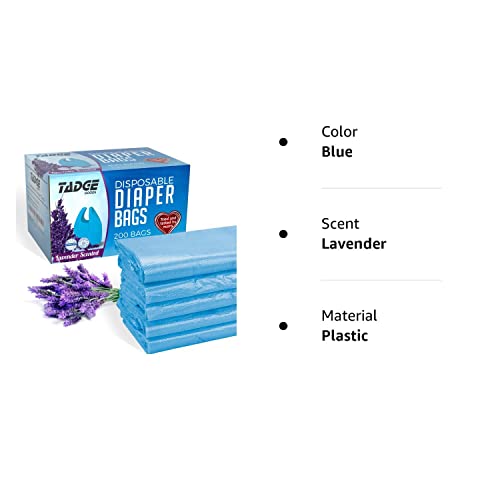Tadge Goods Baby Disposable Diaper Bags Scented with Lavender - Odor Absorber Biodegradable Plastic Diaper Sacks for Trash Bag Essential Items - Bags for Dirty Diapers - Refill 200 Count (Blue)